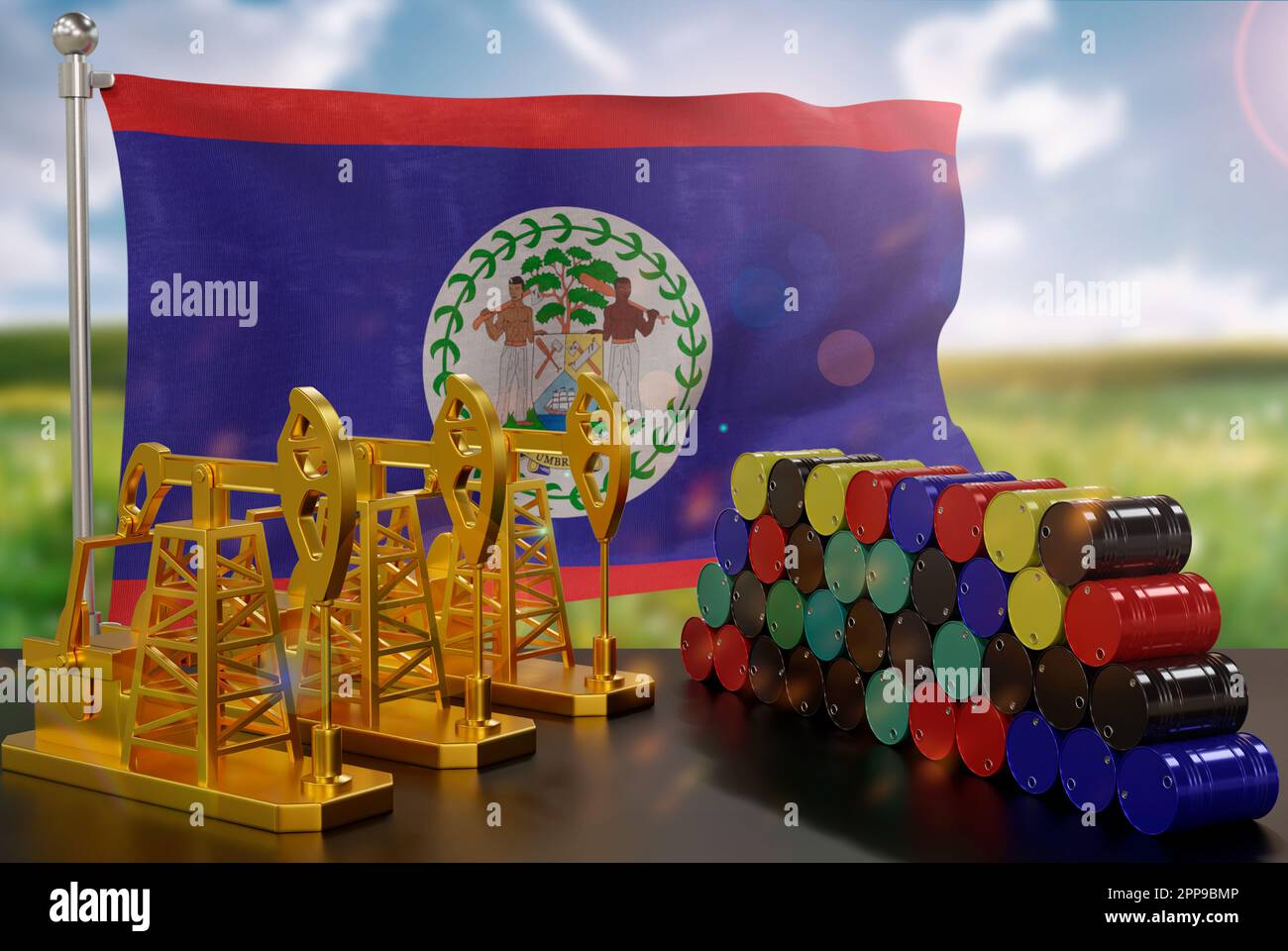 The Belize's petroleum market. Oil pump made of gold and barrels of ...