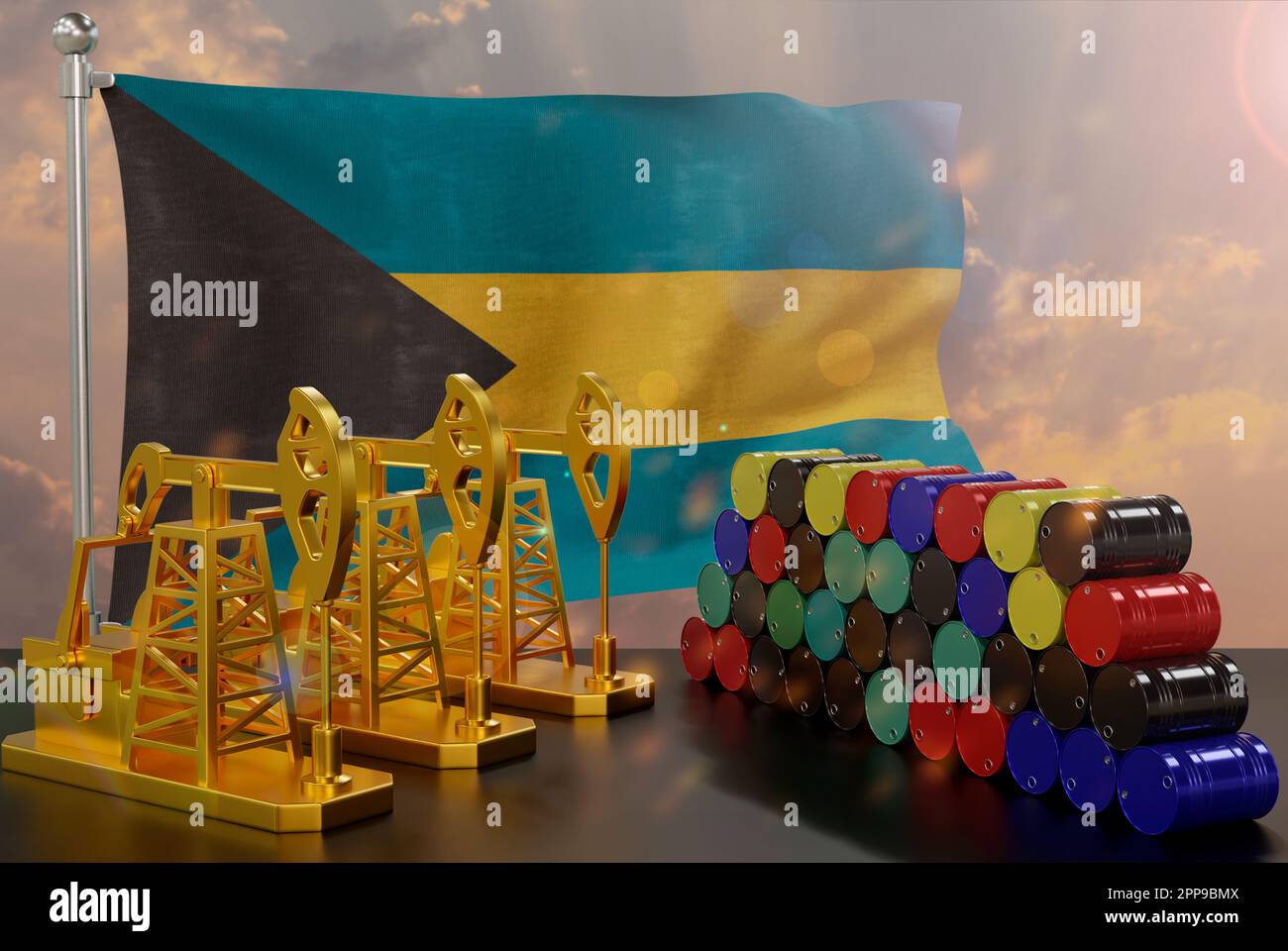 The Bahamas's petroleum market. Oil pump made of gold and barrels of ...