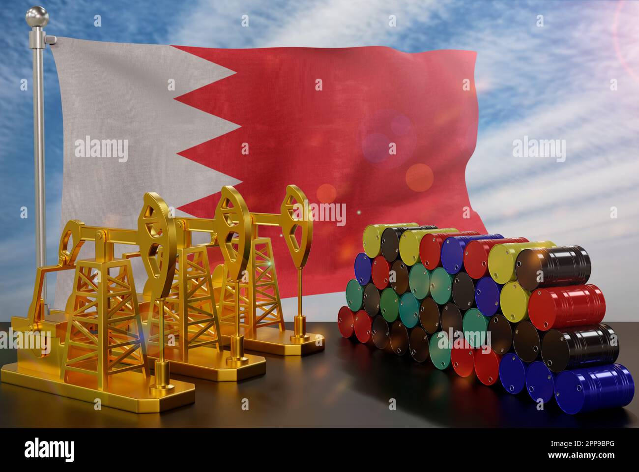 The Bahrain's petroleum market. Oil pump made of gold and barrels of ...
