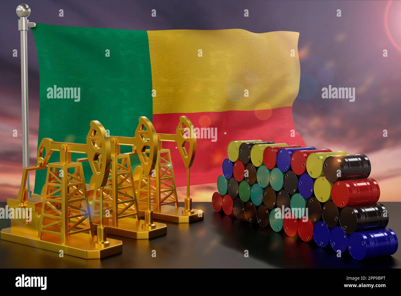 The Benin's petroleum market. Oil pump made of gold and barrels of ...
