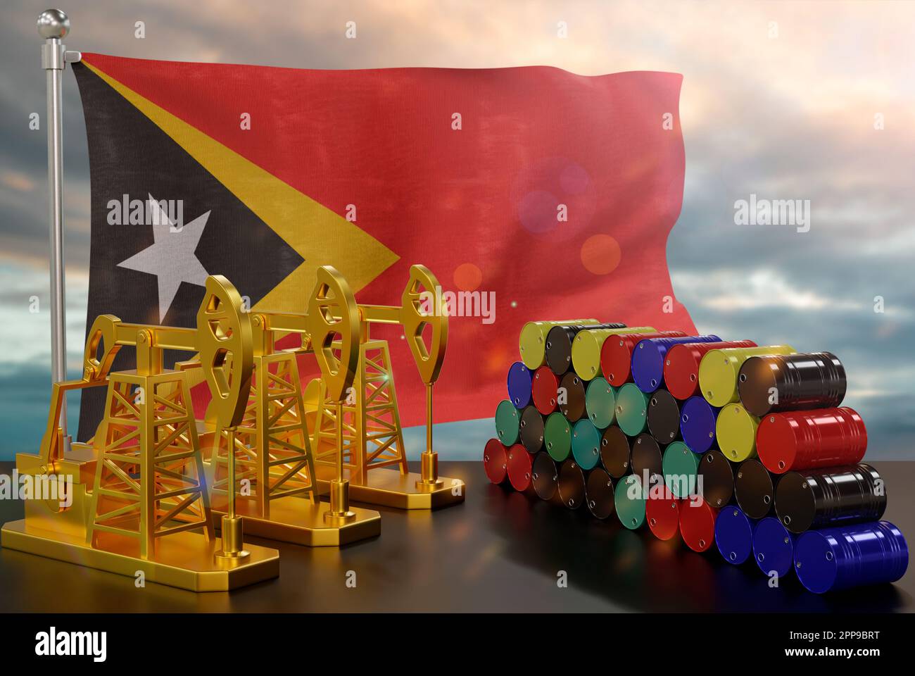 The East Timor's petroleum market. Oil pump made of gold and barrels of ...