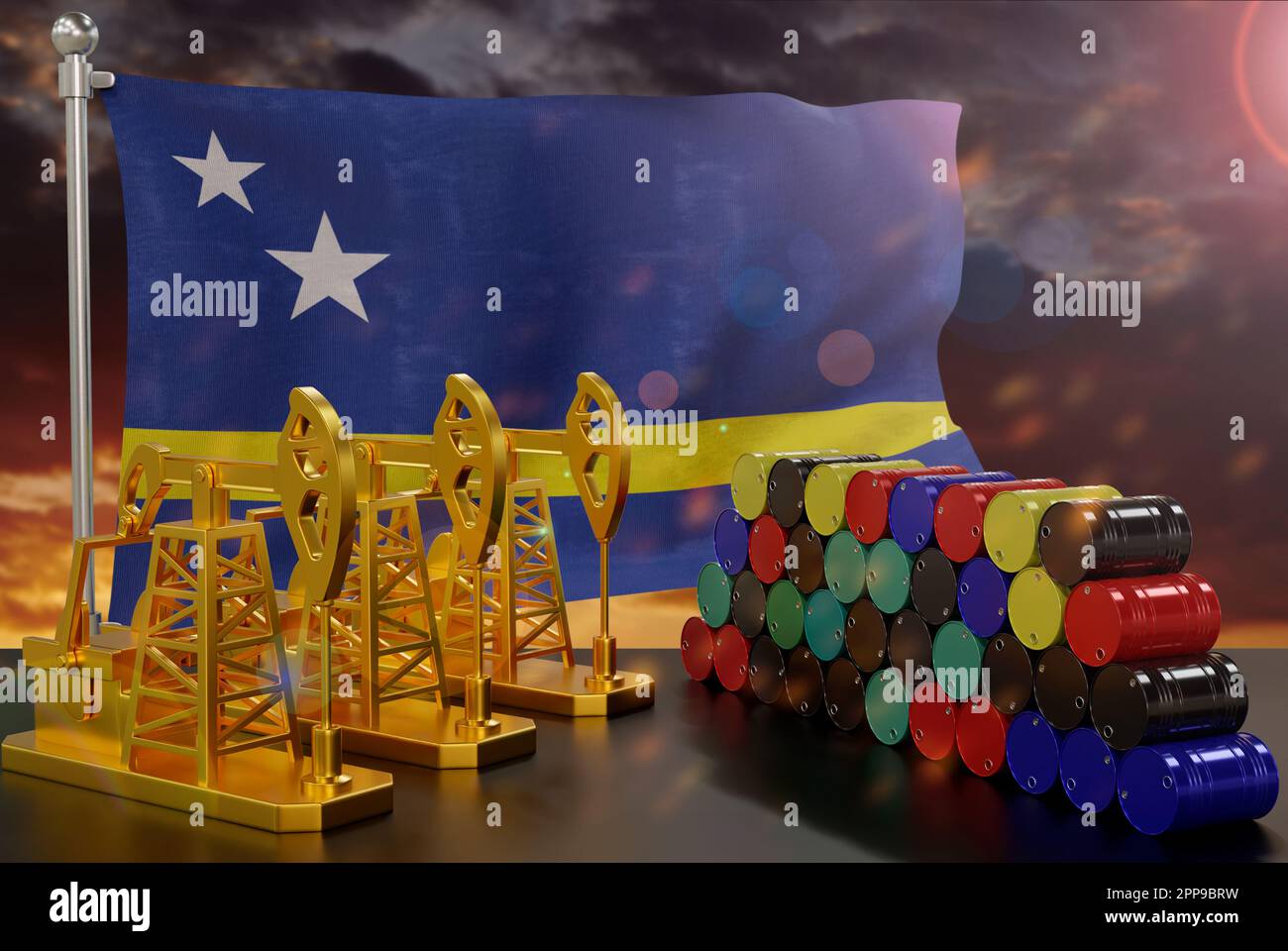 The Curacao's petroleum market. Oil pump made of gold and barrels of ...