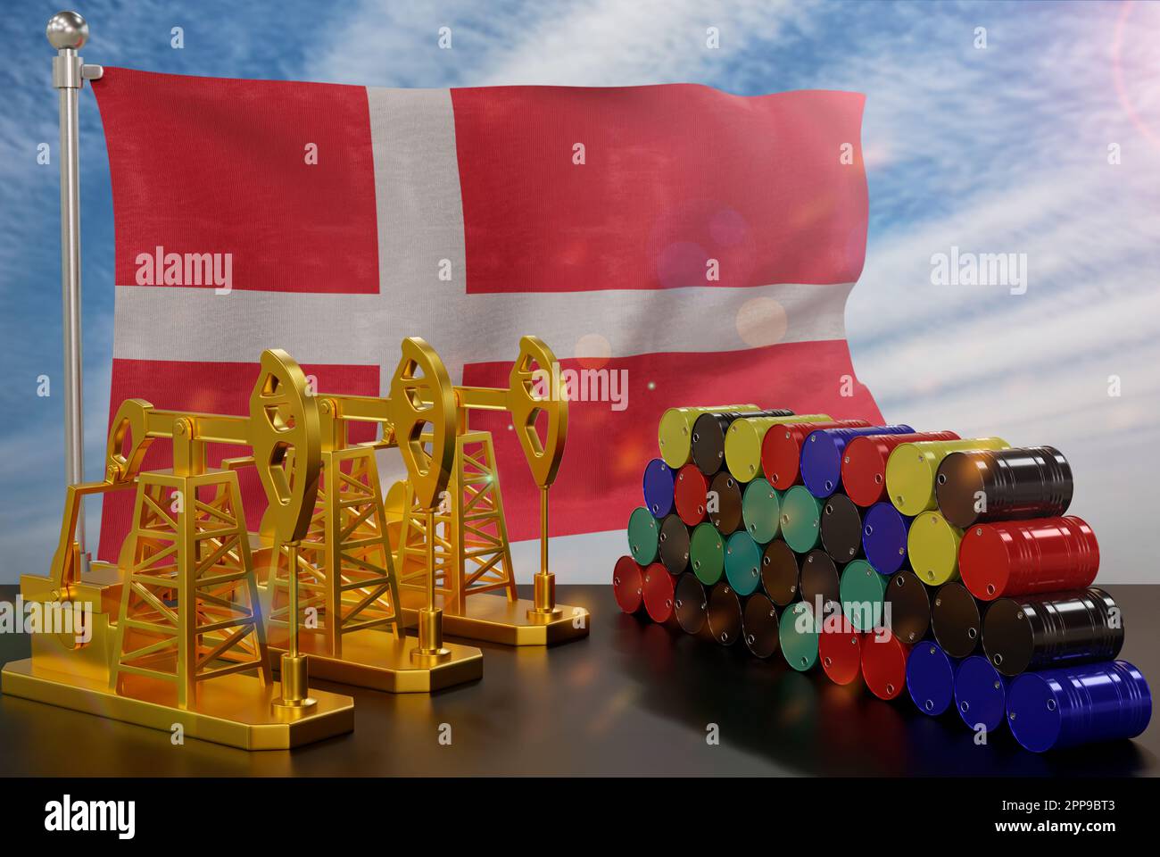 The Denmark's petroleum market. Oil pump made of gold and barrels of ...