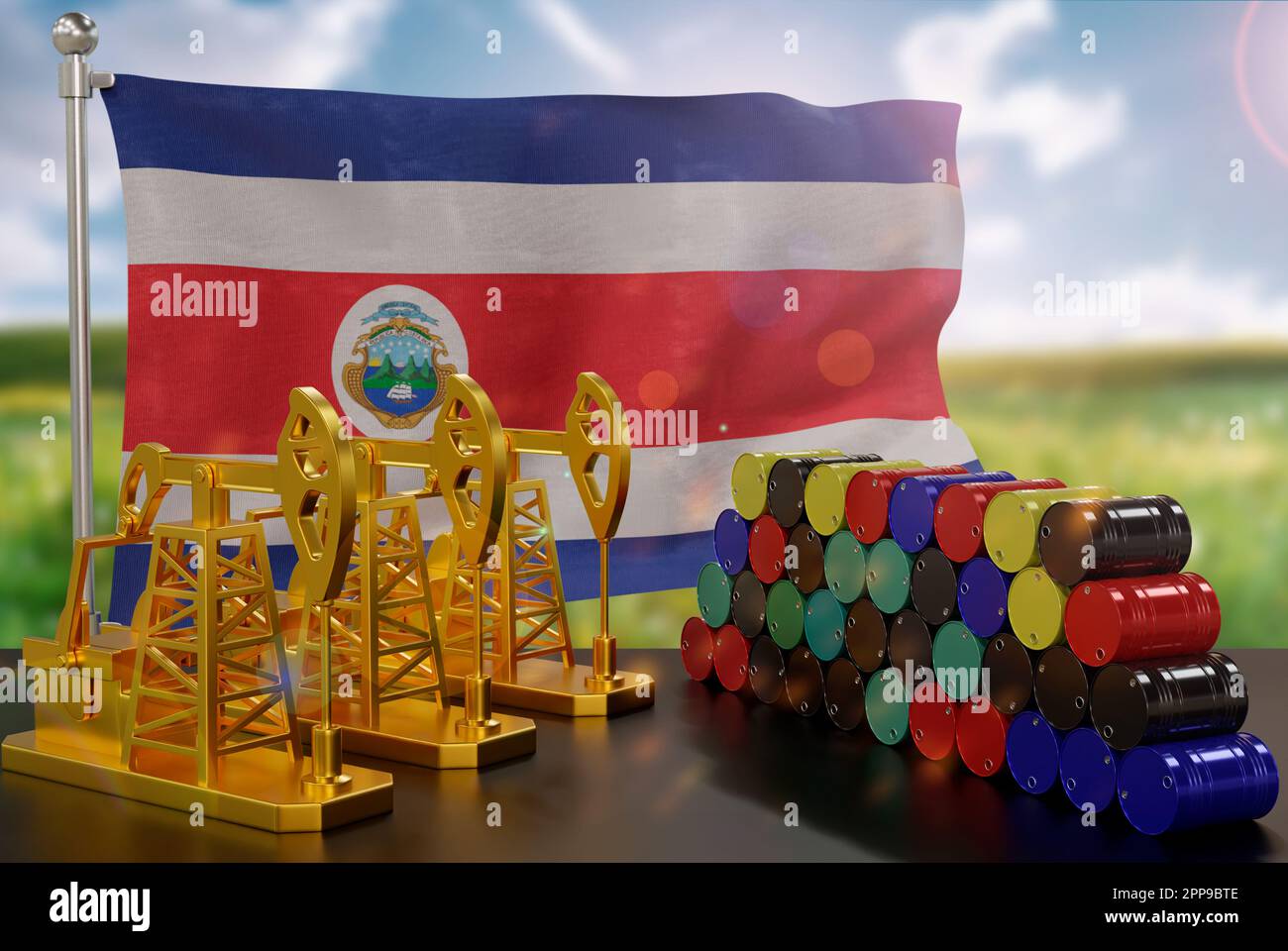 The Costa Rica's petroleum market. Oil pump made of gold and barrels of ...