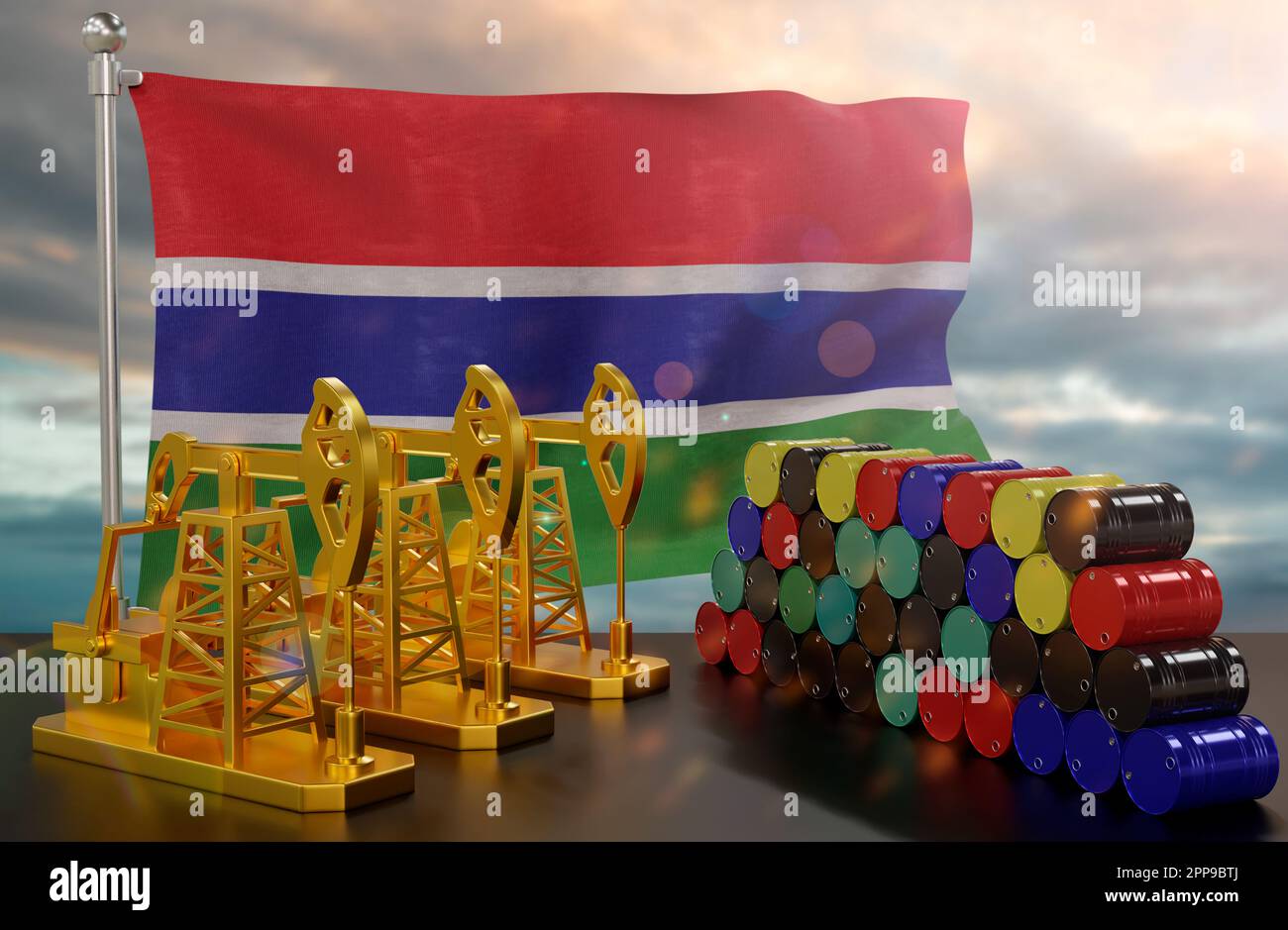 The Gambia's petroleum market. Oil pump made of gold and barrels of ...