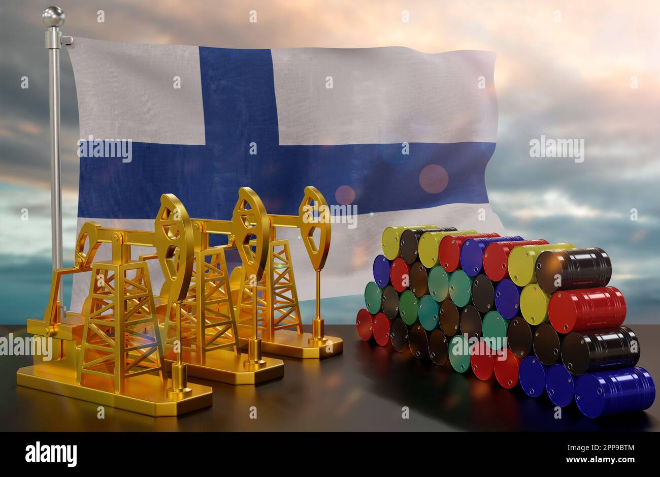 The Finland's petroleum market. Oil pump made of gold and barrels of ...