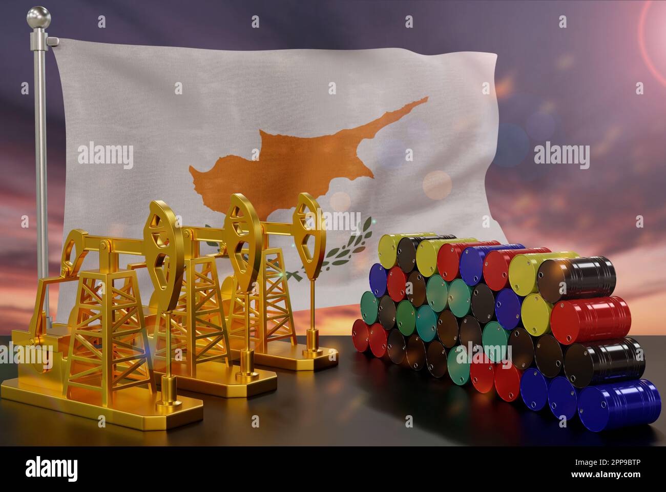The Cyprus's petroleum market. Oil pump made of gold and barrels of ...