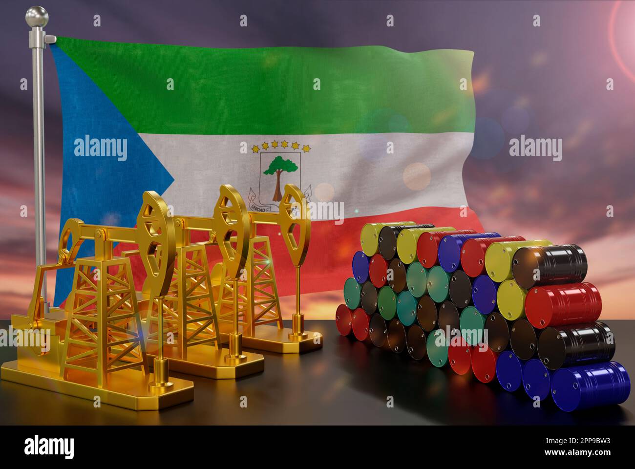 The Equatorial Guinea's petroleum market. Oil pump made of gold and ...