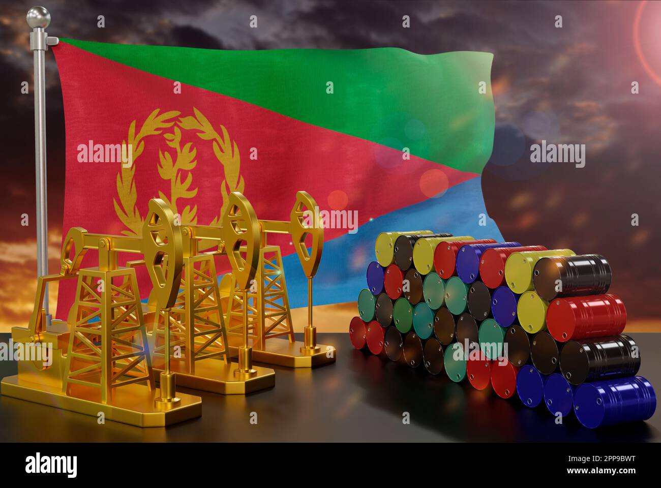 The Eritrea's petroleum market. Oil pump made of gold and barrels of ...