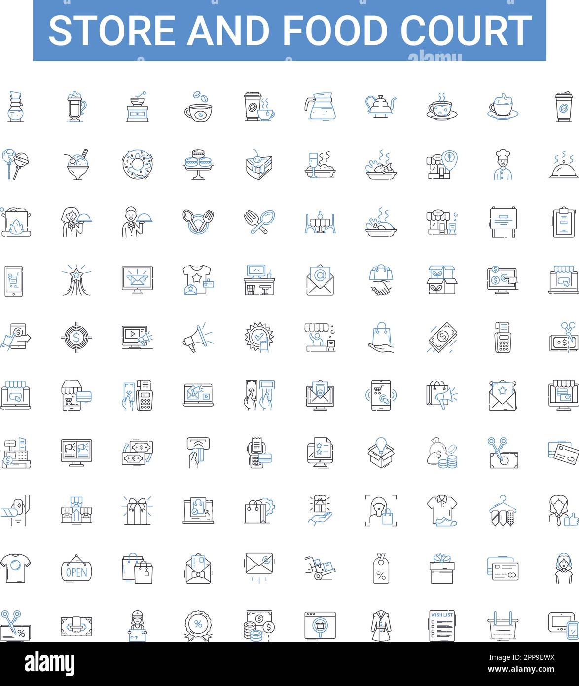 Store and food court outline icons collection. store, food court ...
