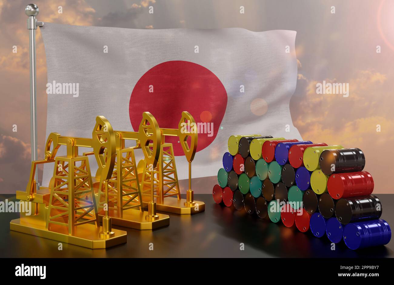 The Japan's petroleum market. Oil pump made of gold and barrels of ...