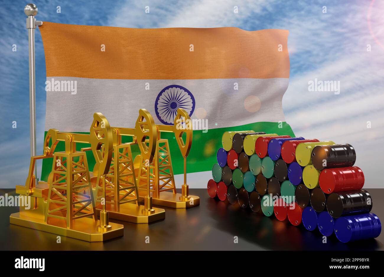 The India's petroleum market. Oil pump made of gold and barrels of ...