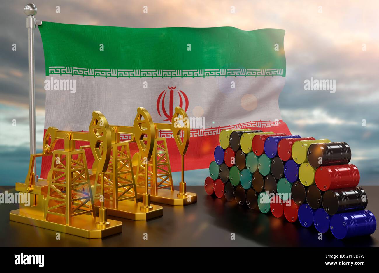 The Iran's petroleum market. Oil pump made of gold and barrels of metal ...