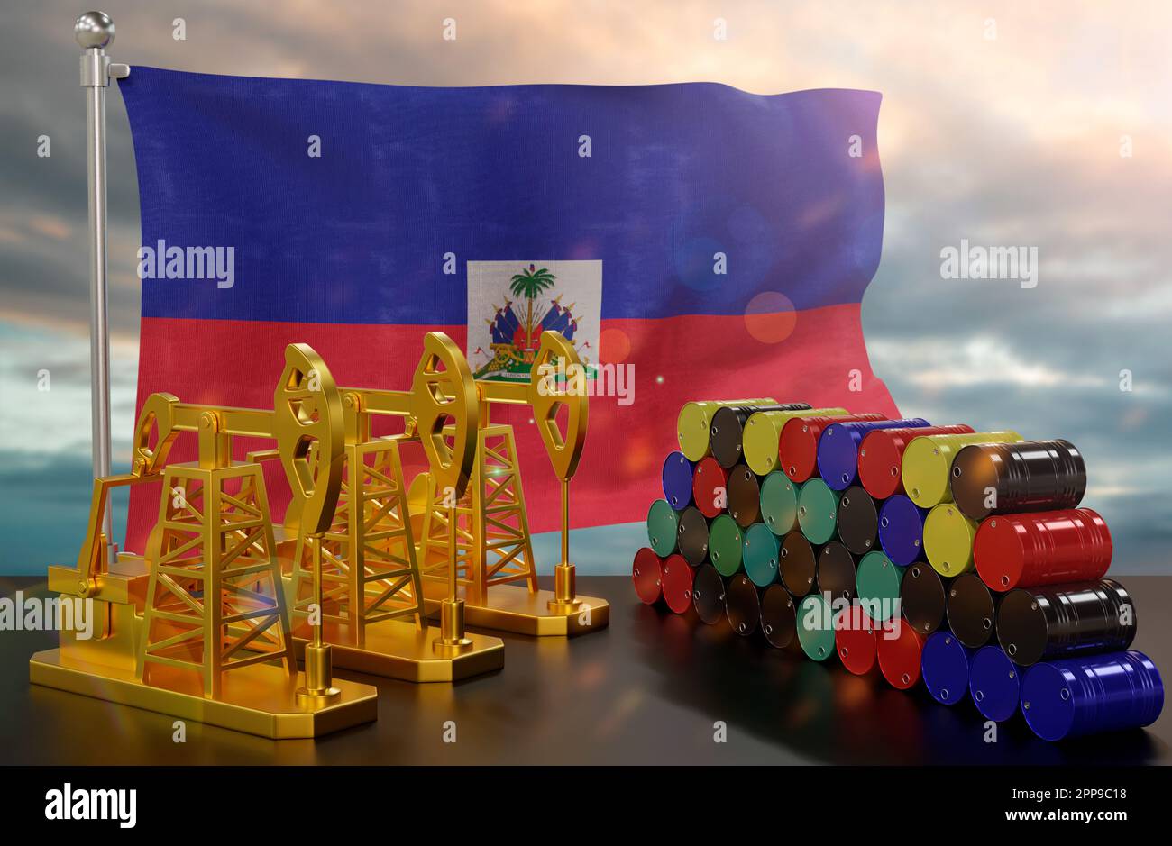 The Haiti's petroleum market. Oil pump made of gold and barrels of ...