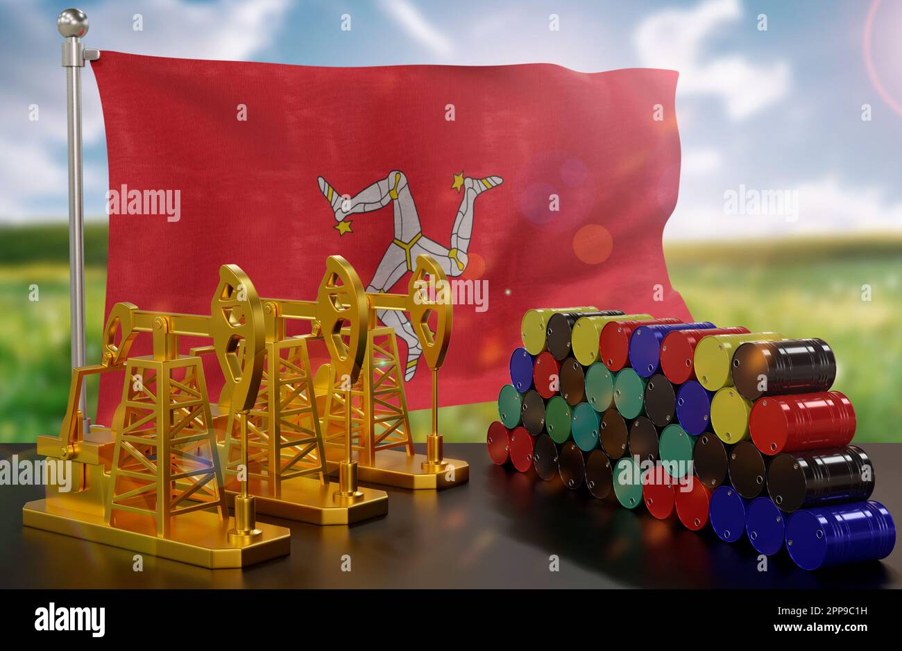 The Isle of Man's petroleum market. Oil pump made of gold and barrels ...