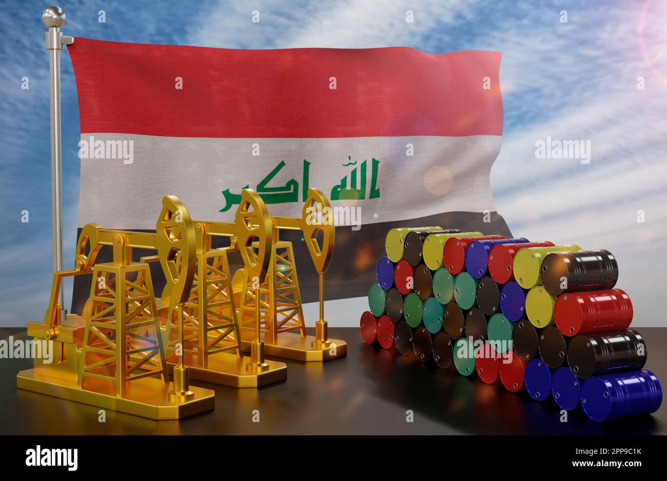 The Iraq's petroleum market. Oil pump made of gold and barrels of metal ...
