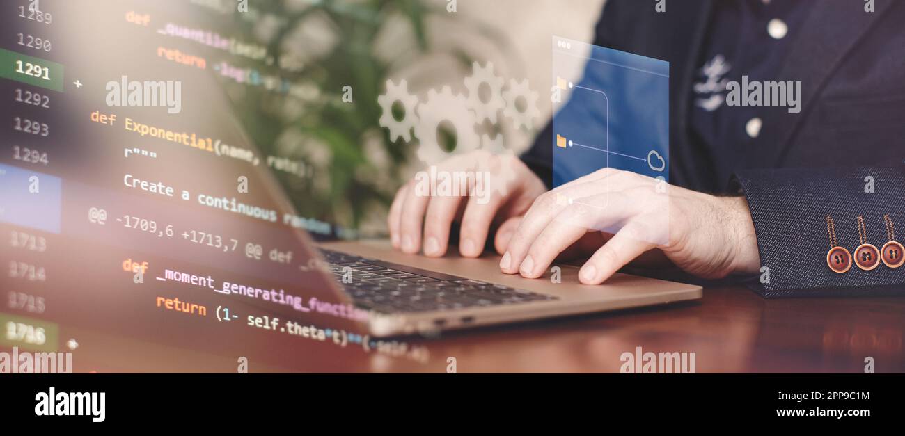 programmer at home writes programming code script on virtual Stock ...