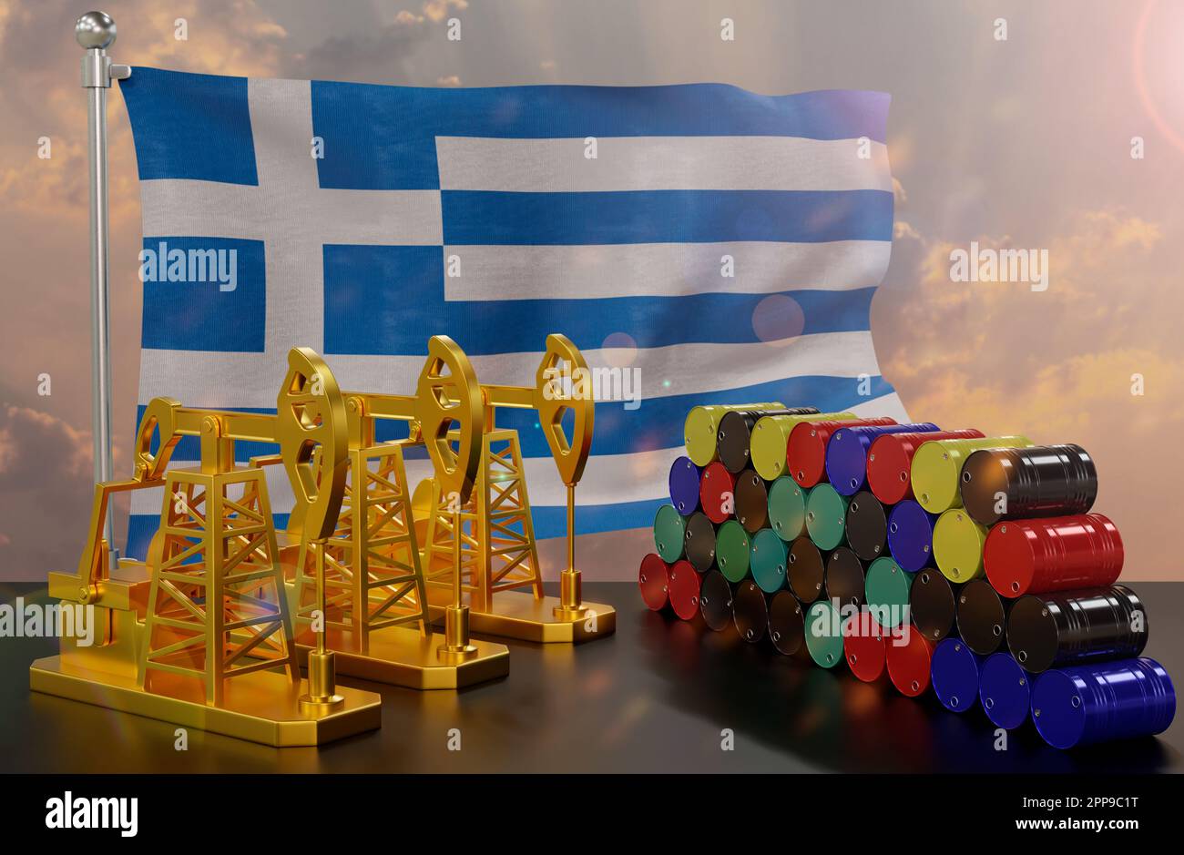 The Greece's petroleum market. Oil pump made of gold and barrels of ...