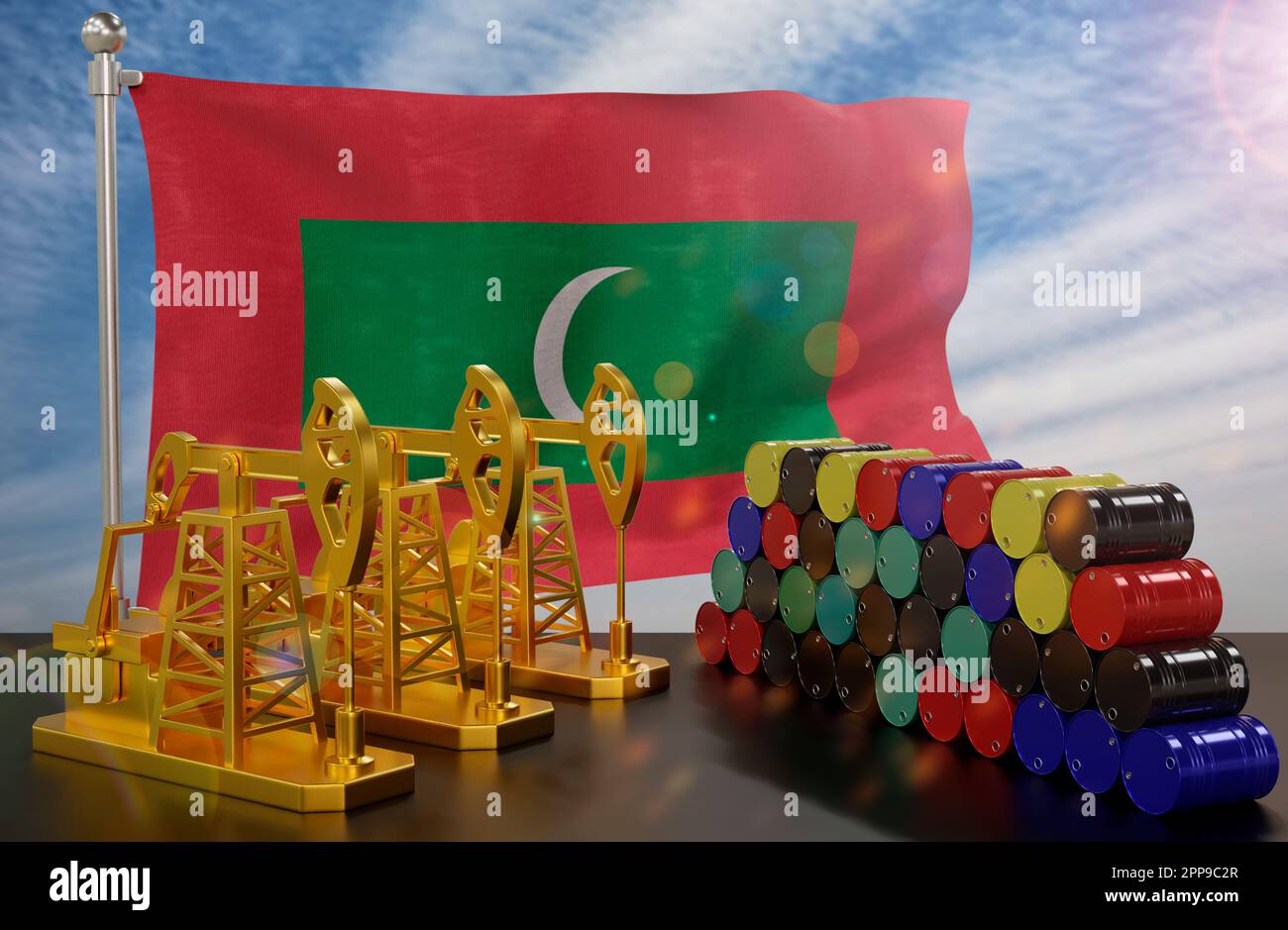 The Maldives's petroleum market. Oil pump made of gold and barrels of ...