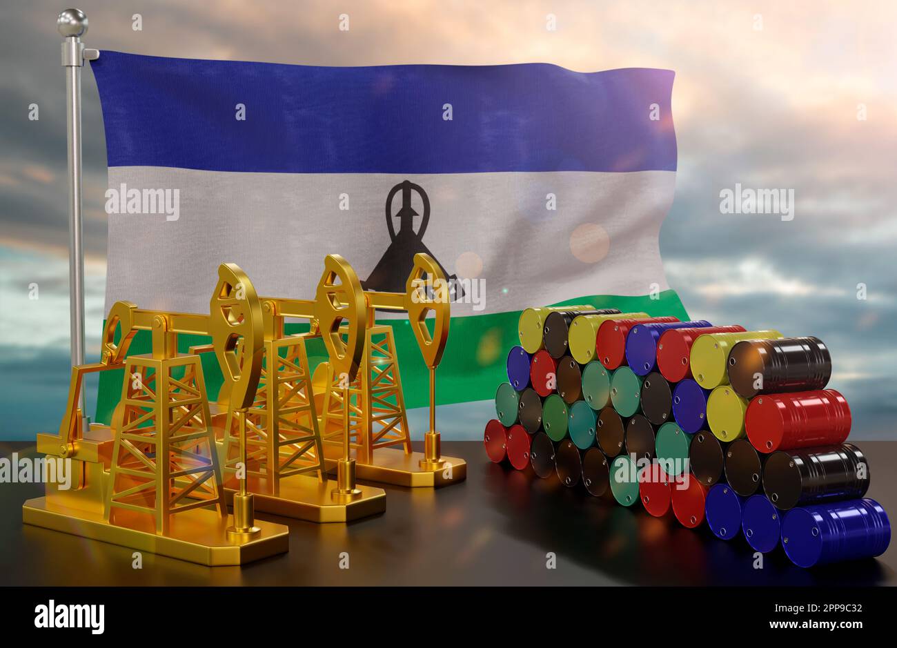 The Lesotho's petroleum market. Oil pump made of gold and barrels of ...