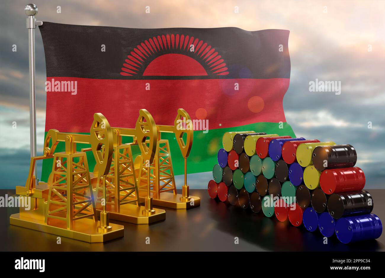 The Malawi's petroleum market. Oil pump made of gold and barrels of ...