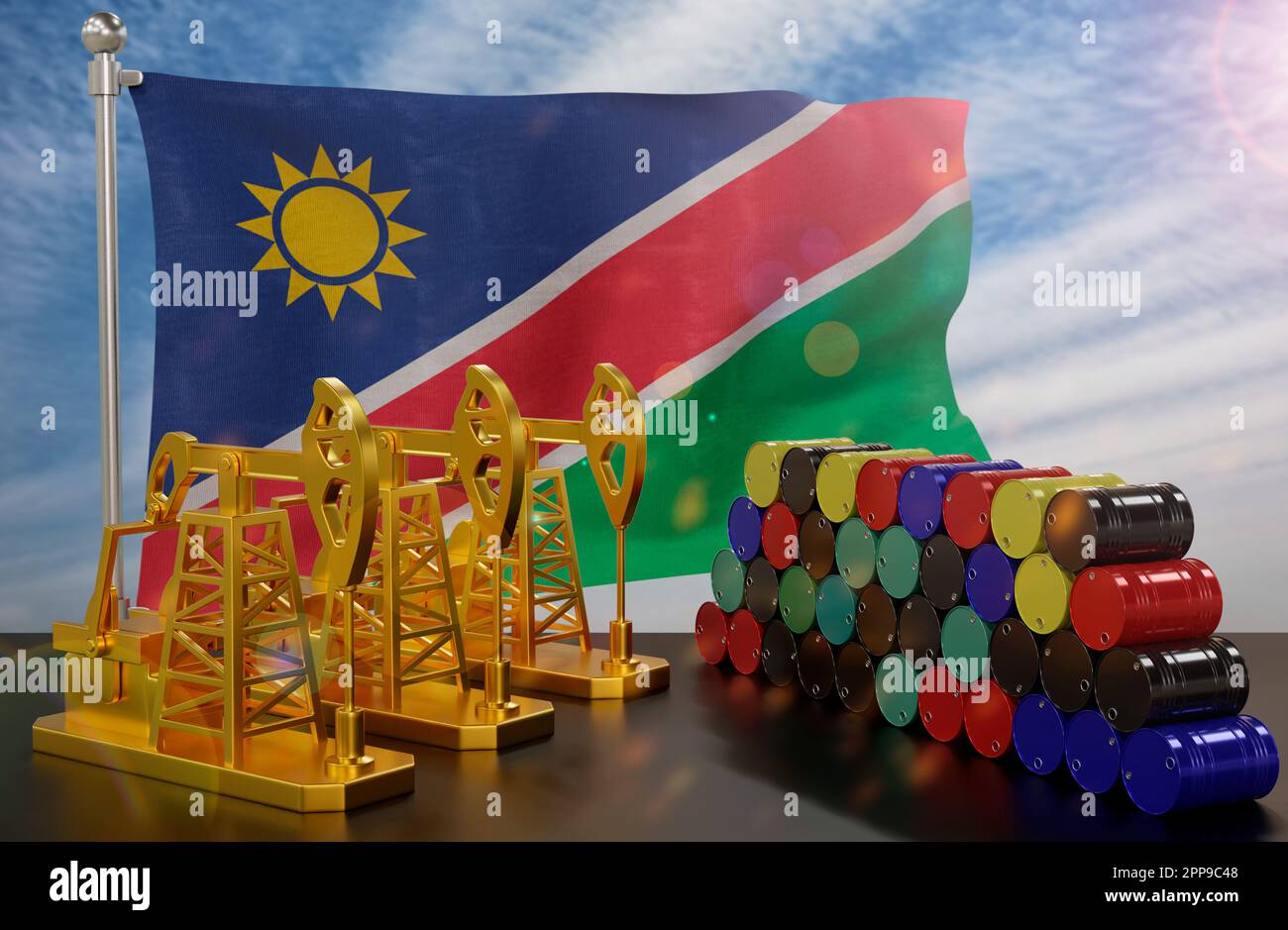 The Namibia's petroleum market. Oil pump made of gold and barrels of ...