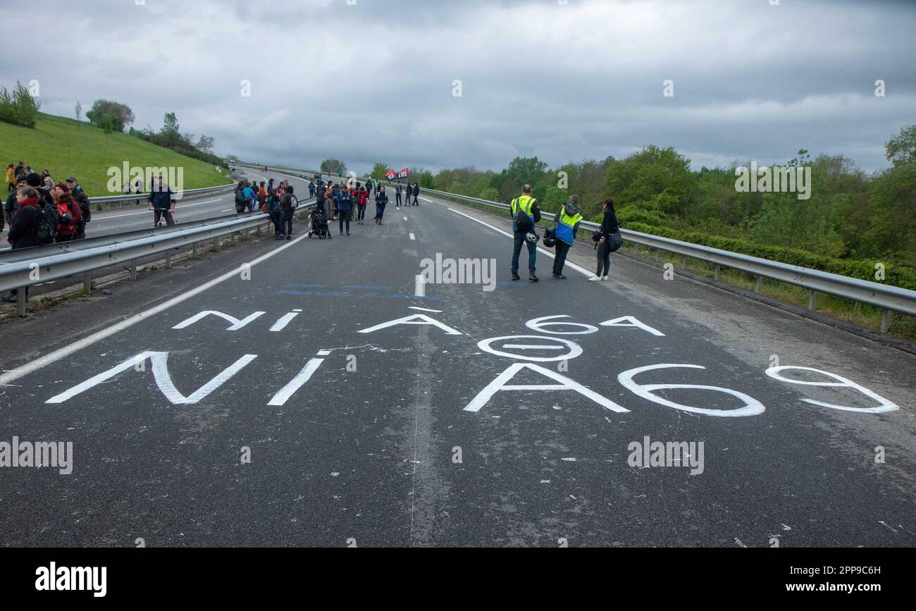 Saix, France. 22nd Apr, 2023. Demonstrators gather for a rally against ...