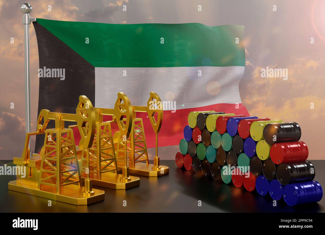 The Kuwait's petroleum market. Oil pump made of gold and barrels of ...