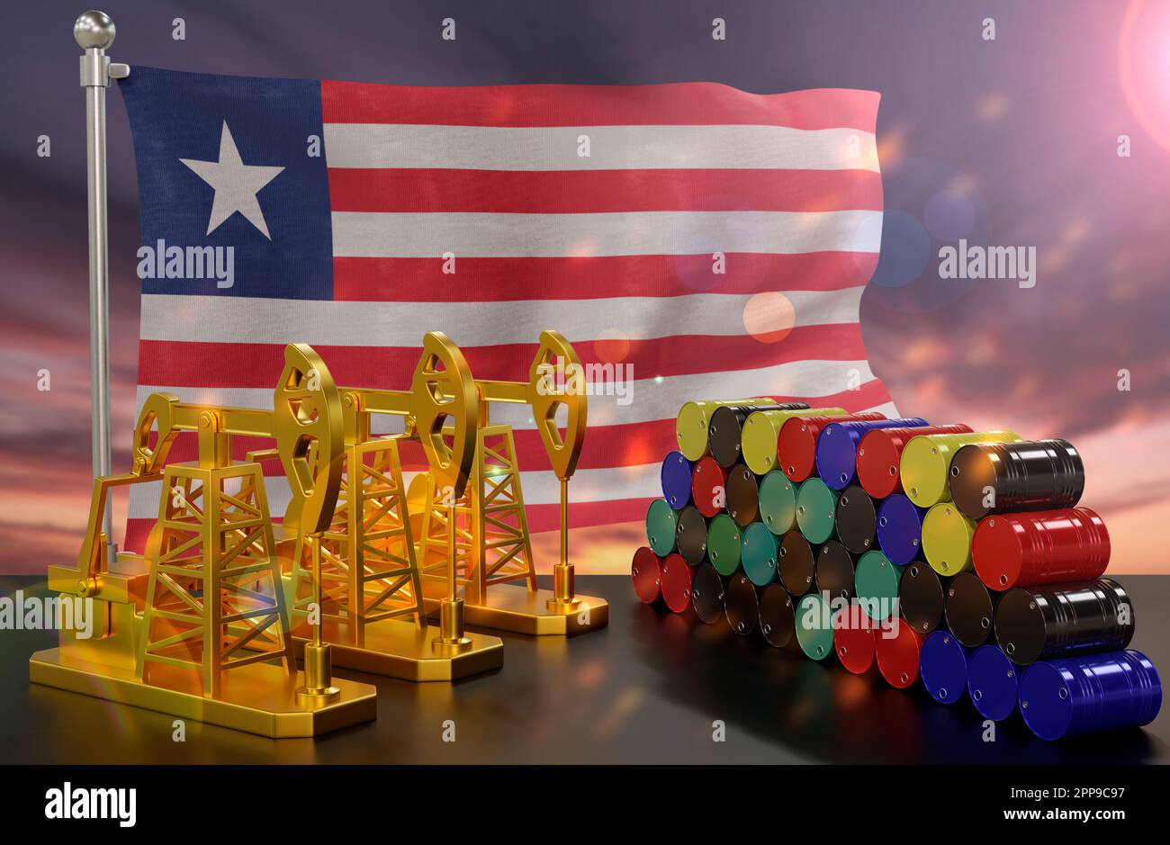 The Liberia's petroleum market. Oil pump made of gold and barrels of ...