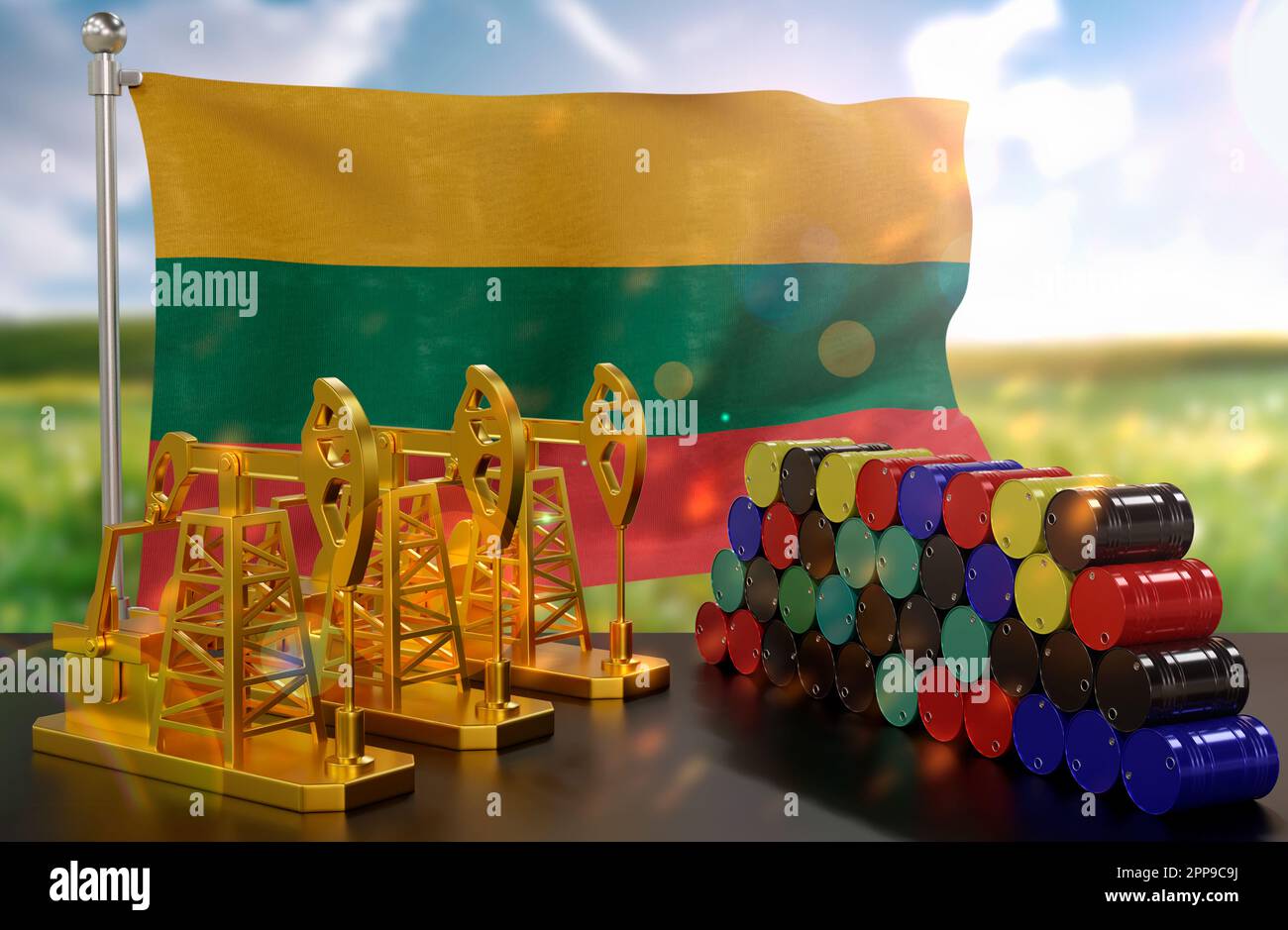 The Lithuania's petroleum market. Oil pump made of gold and barrels of ...