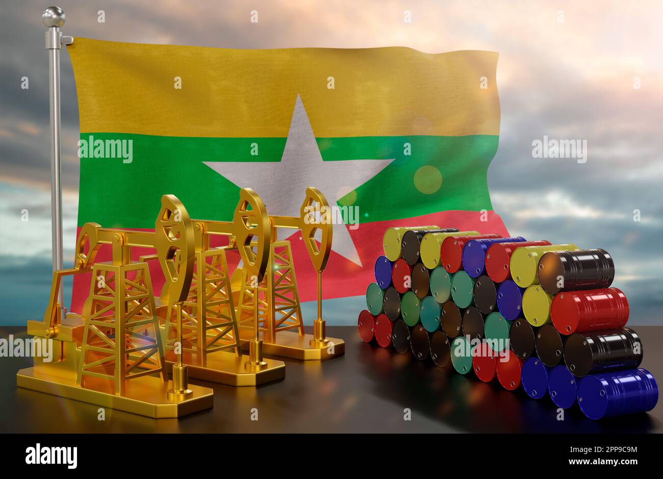 The Myanmar or Burma's petroleum market. Oil pump made of gold and ...