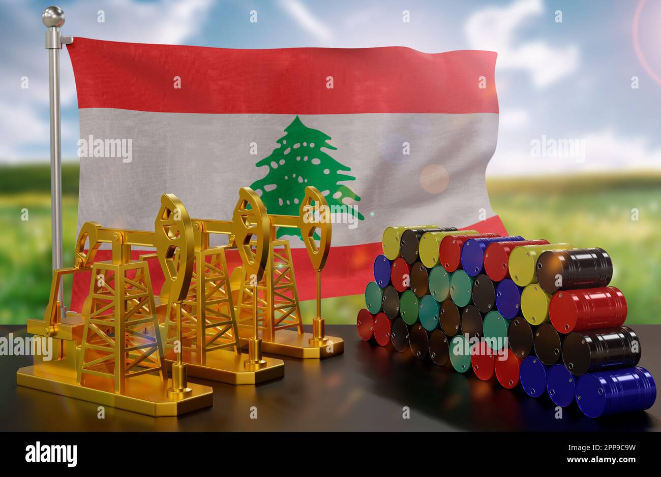 The Lebanon's petroleum market. Oil pump made of gold and barrels of ...