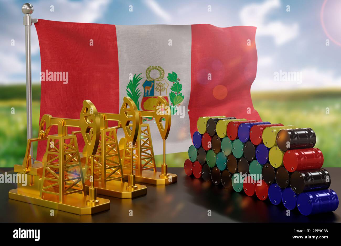 The Peru's petroleum market. Oil pump made of gold and barrels of metal ...