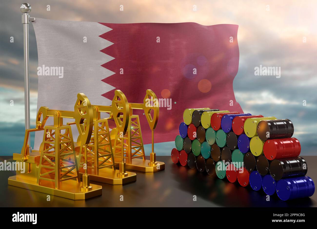The Qatar's petroleum market. Oil pump made of gold and barrels of ...