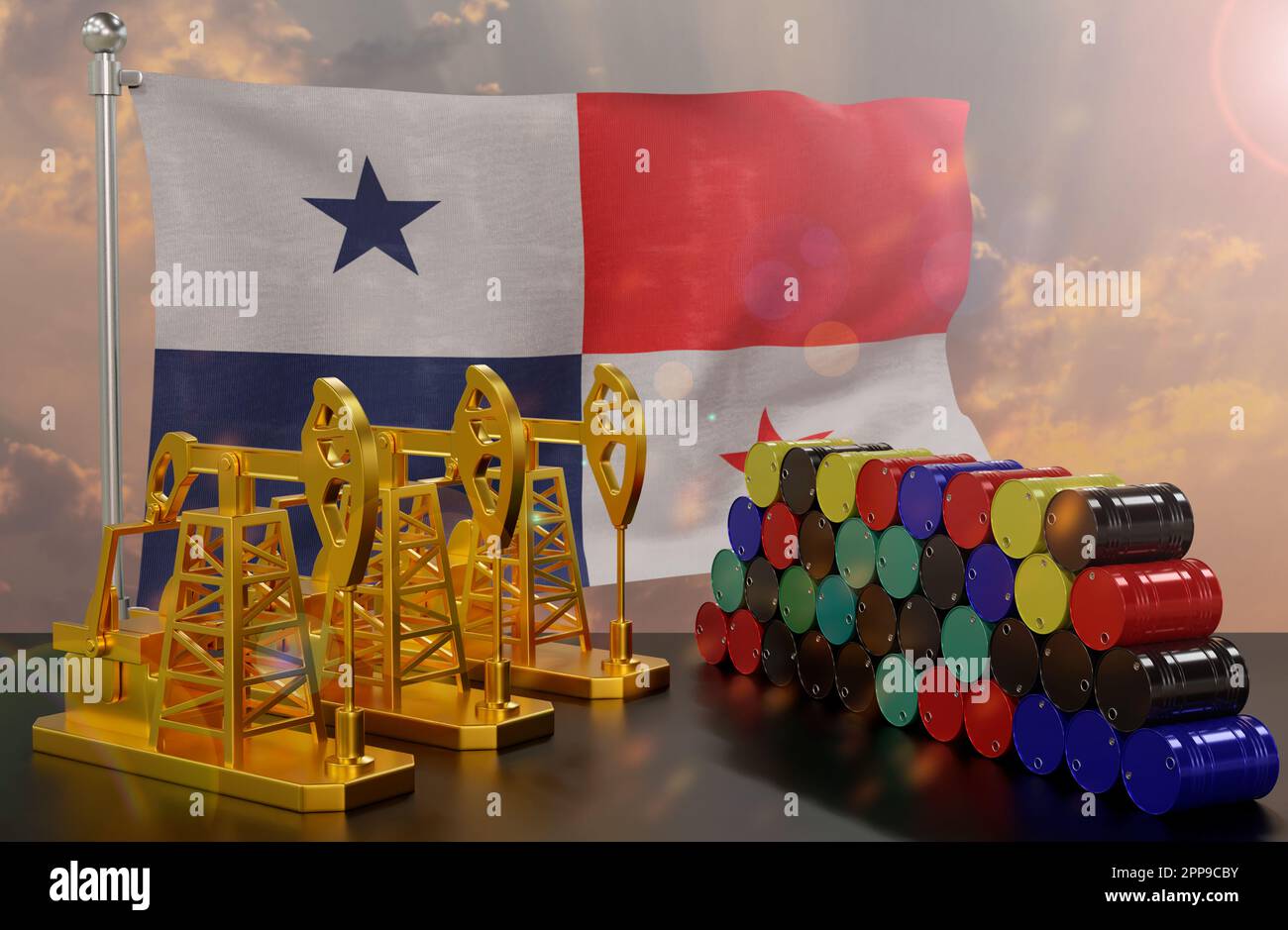 The Panama's petroleum market. Oil pump made of gold and barrels of ...