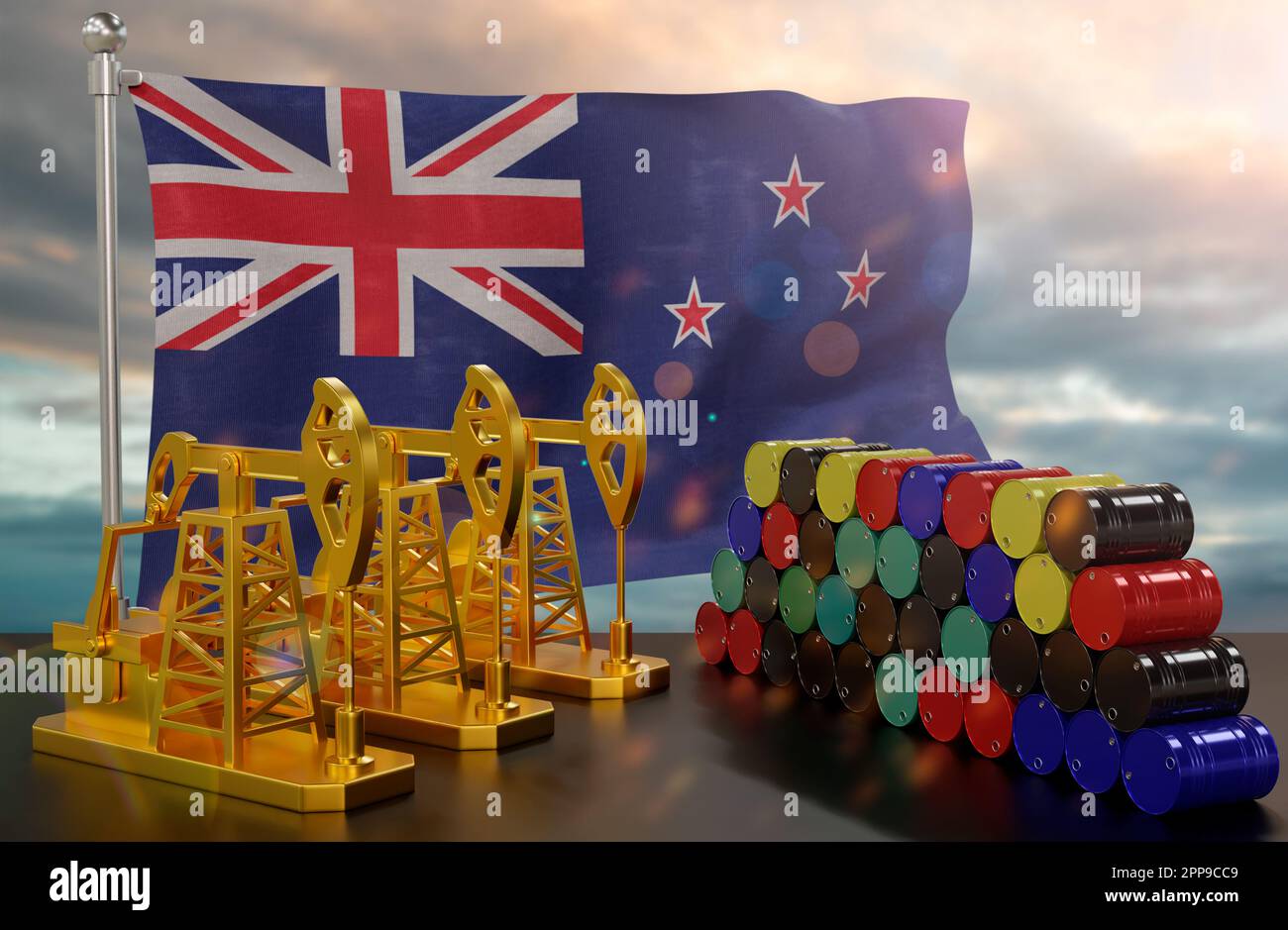 The New Zealand's petroleum market. Oil pump made of gold and barrels ...