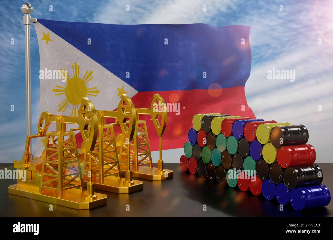 The Philippines's petroleum market. Oil pump made of gold and barrels ...
