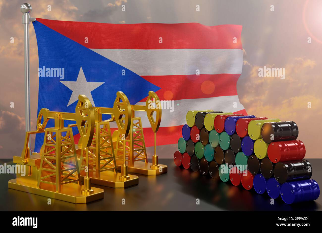 The Puerto Rico's petroleum market. Oil pump made of gold and barrels ...