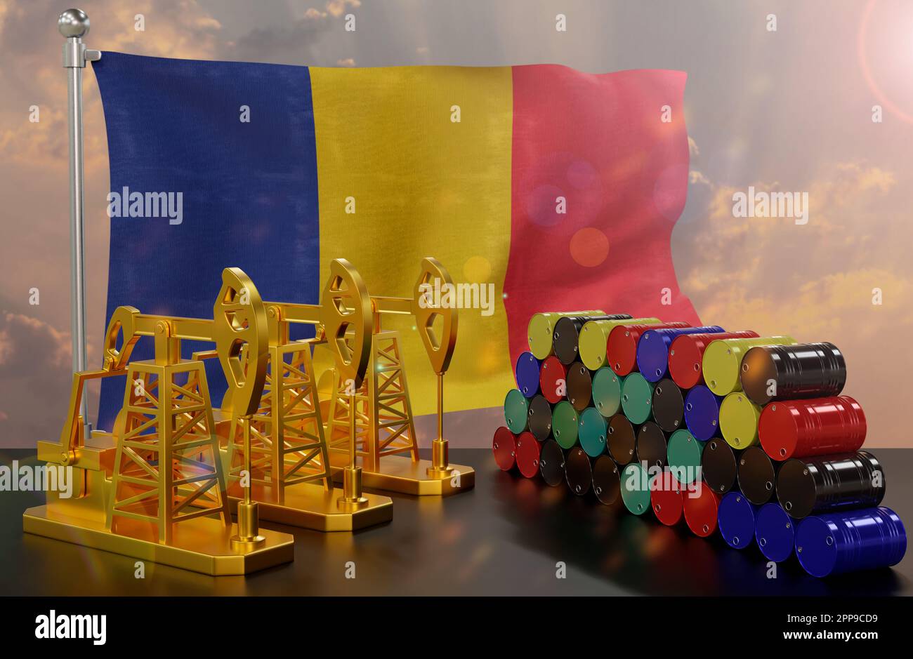 The Romania's petroleum market. Oil pump made of gold and barrels of ...