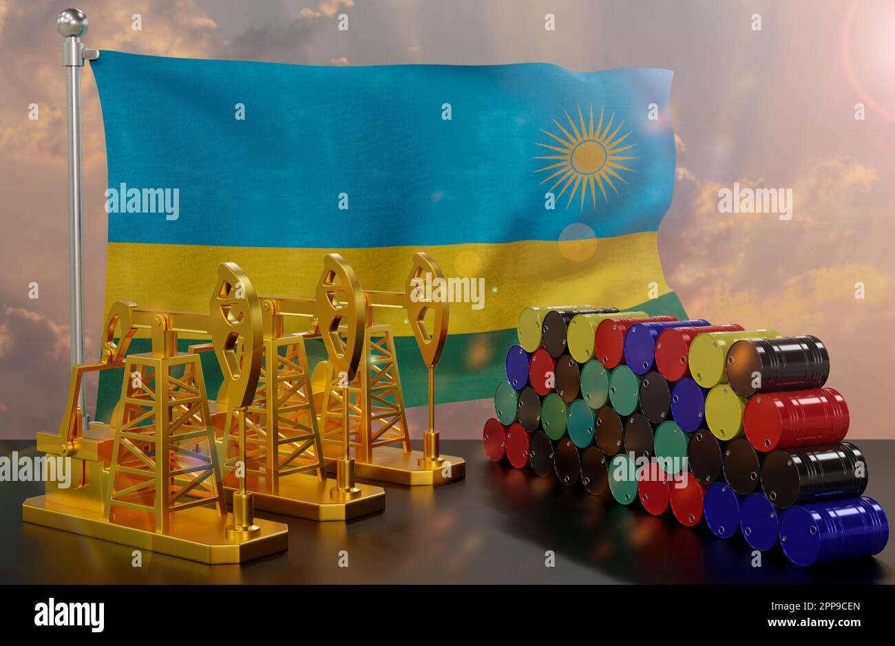 The Rwanda's petroleum market. Oil pump made of gold and barrels of ...