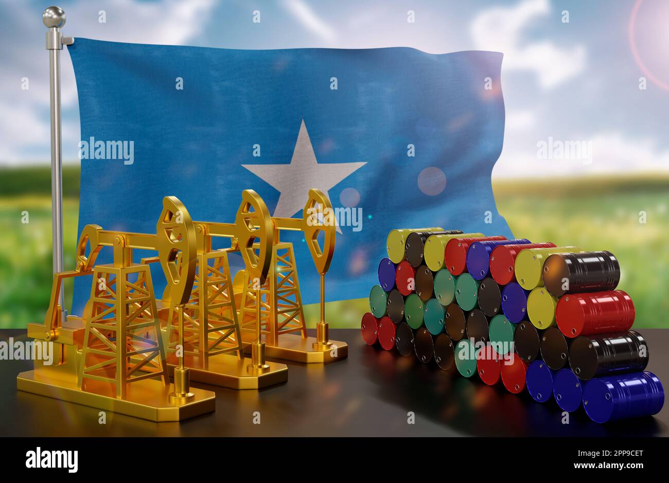 The Somalia's petroleum market. Oil pump made of gold and barrels of ...