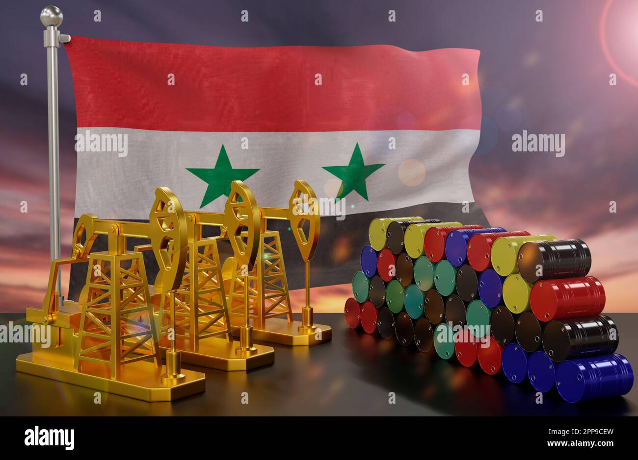 The Syria's petroleum market. Oil pump made of gold and barrels of ...