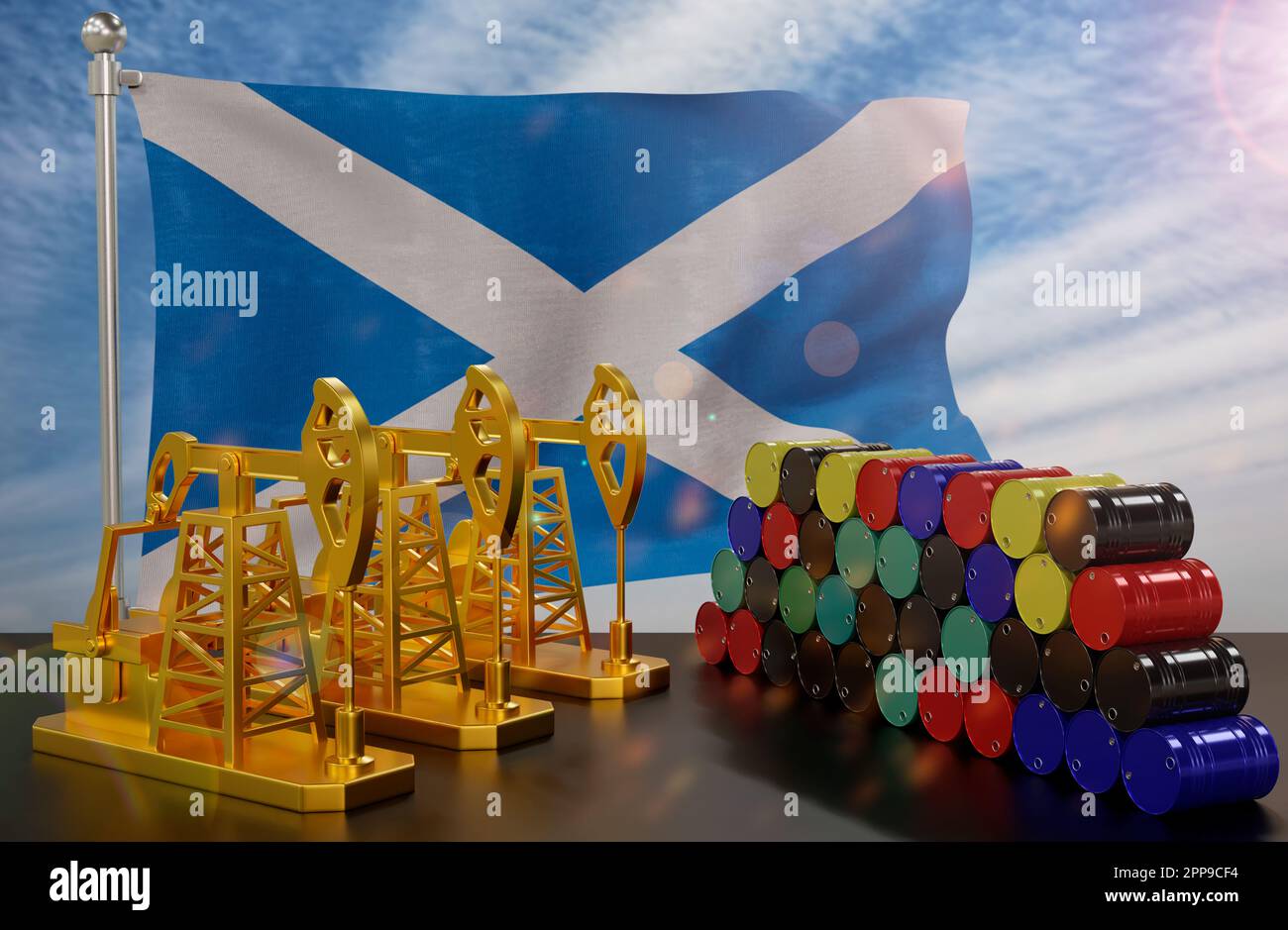 The Scotland's petroleum market. Oil pump made of gold and barrels of ...