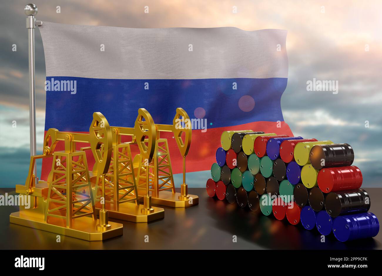 The Russia's petroleum market. Oil pump made of gold and barrels of ...