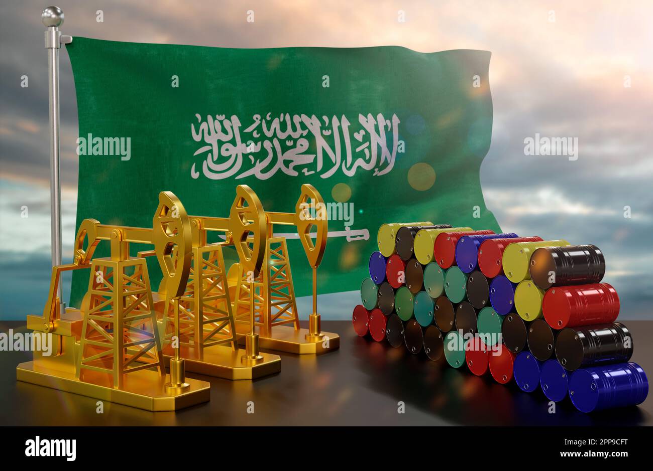 The Saudi Arabia's petroleum market. Oil pump made of gold and barrels ...