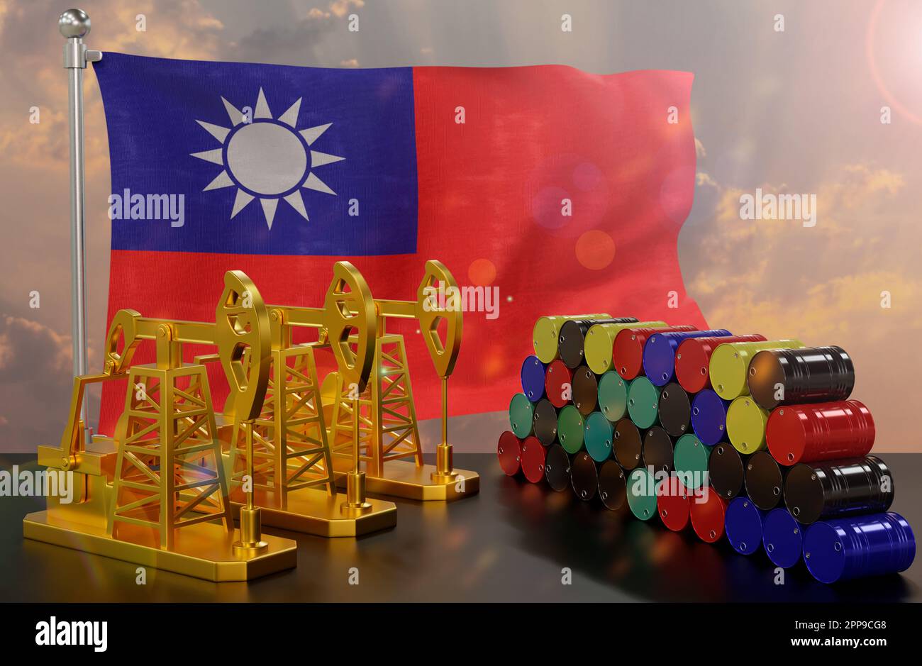 The Taiwan's petroleum market. Oil pump made of gold and barrels of ...