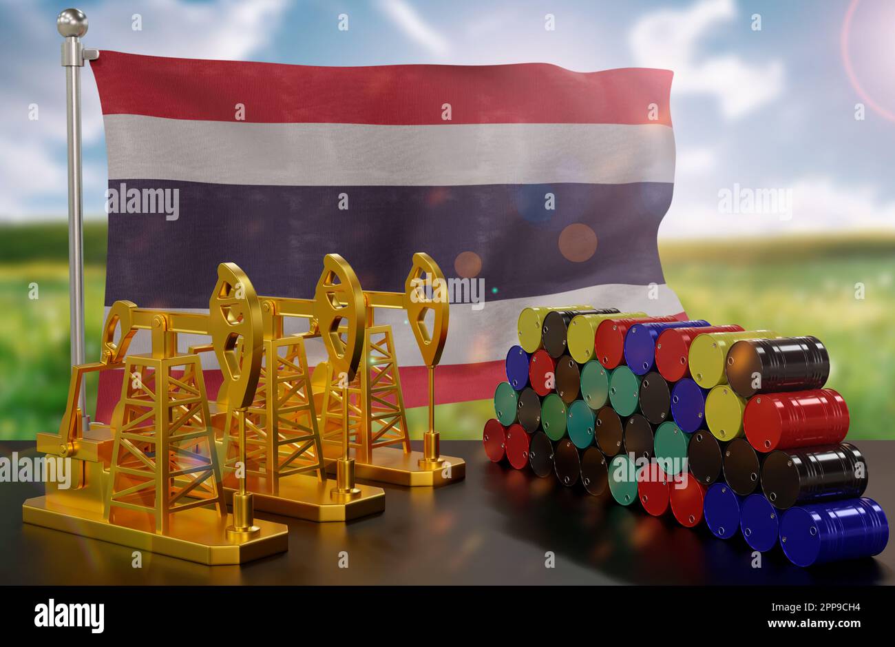 The Thailand's petroleum market. Oil pump made of gold and barrels of ...
