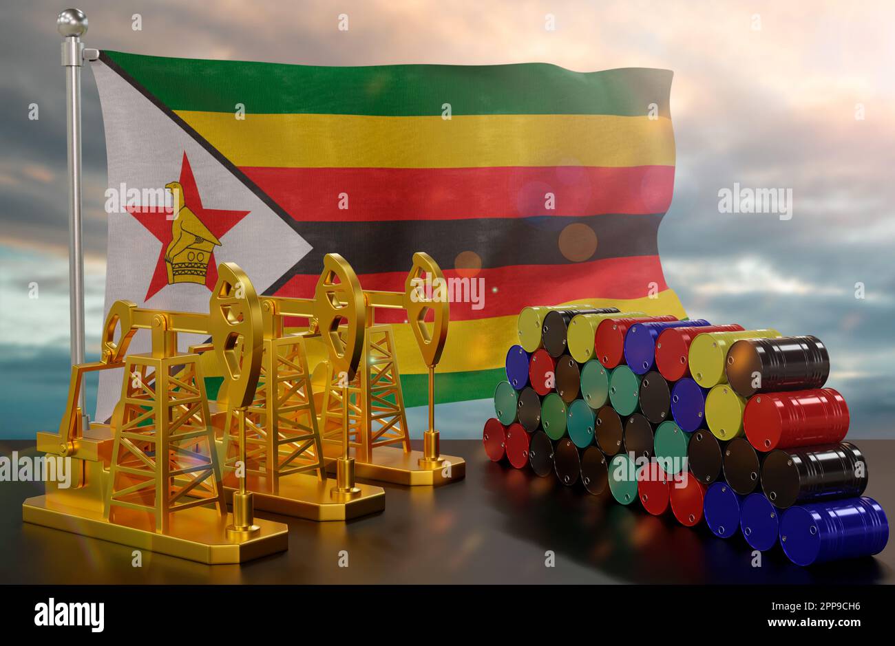 The Zimbabwe's petroleum market. Oil pump made of gold and barrels of ...