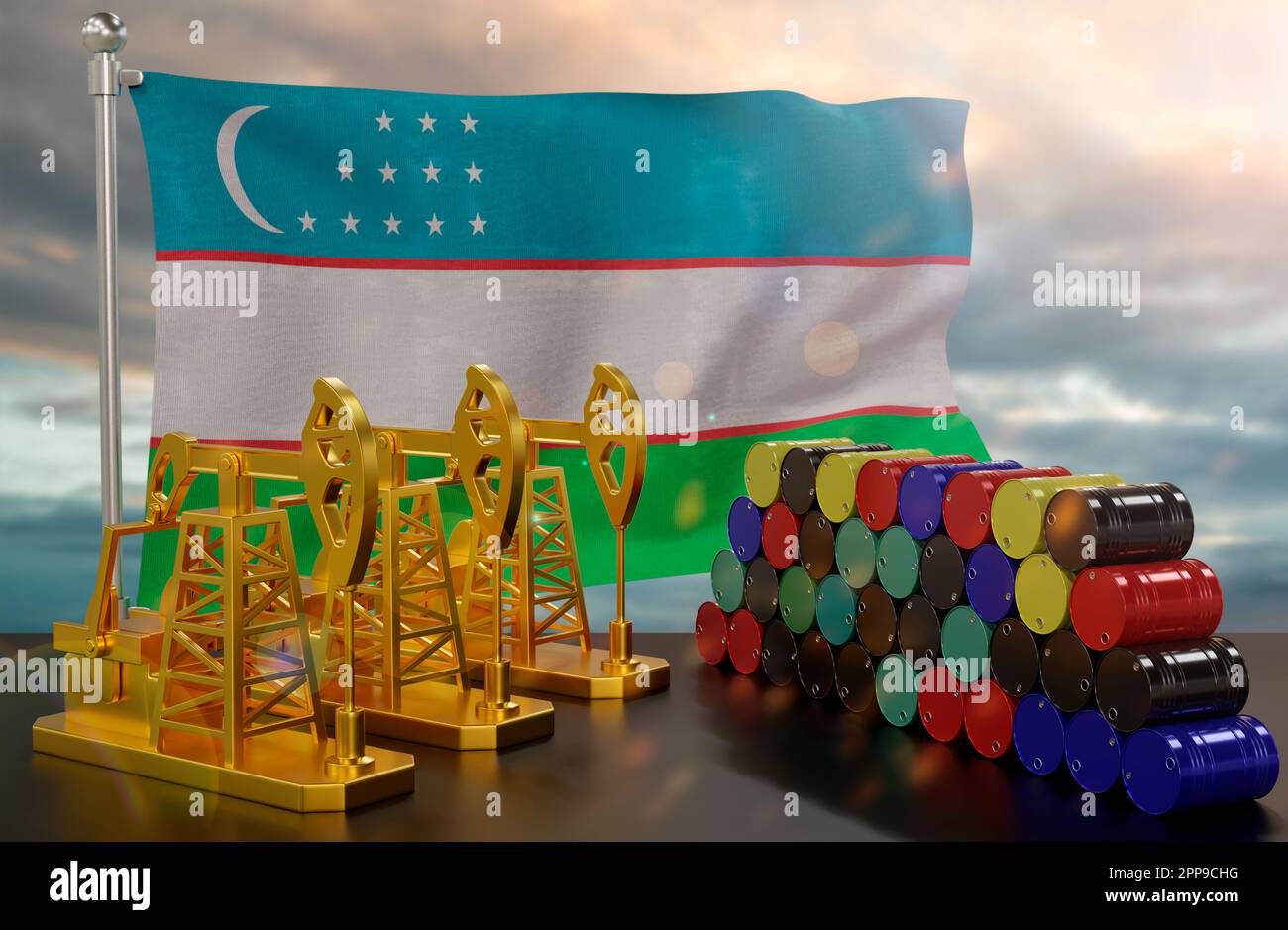The Uzbekistan's petroleum market. Oil pump made of gold and barrels of ...