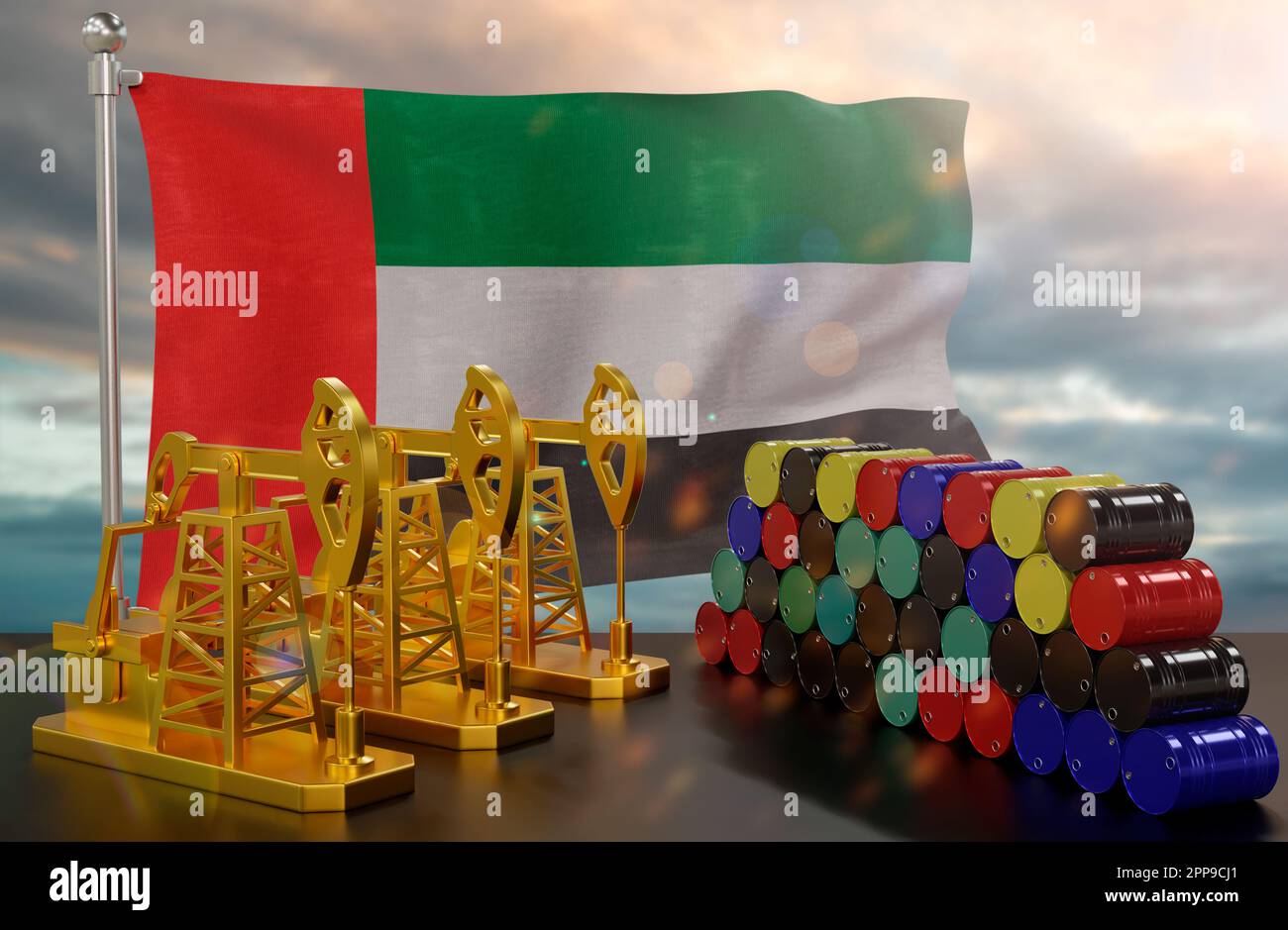 The United Arab Emirates's petroleum market. Oil pump made of gold and ...